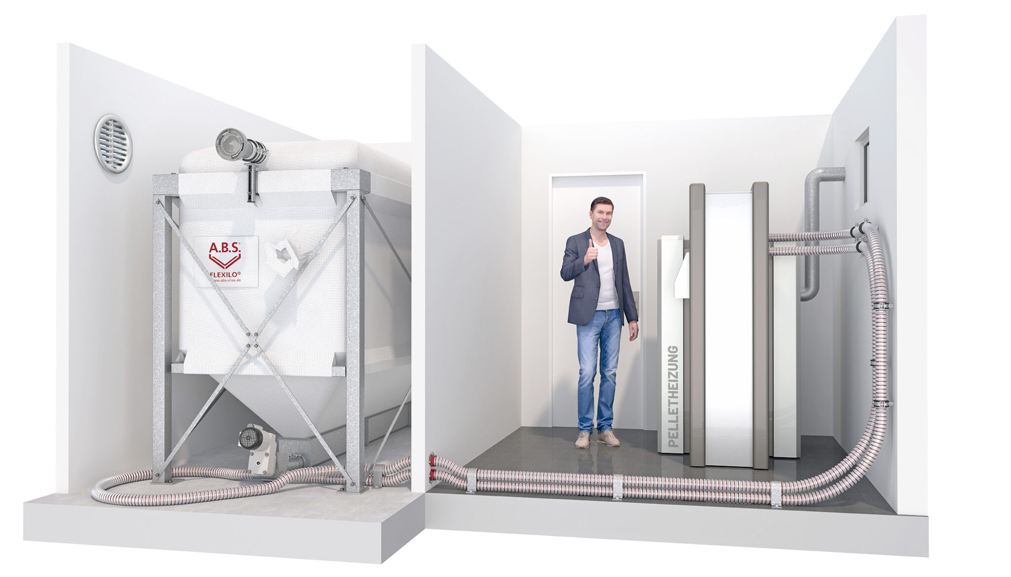 Pellet silo trough - especially for narrow, low rooms